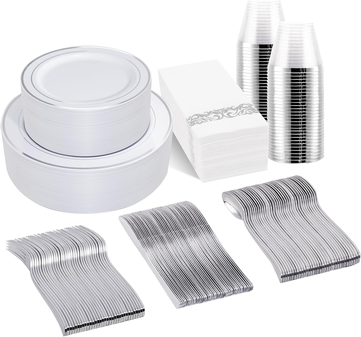 350PCS Silver Plastic Dinnerware Set for 50 Guests - Silver Plastic ...