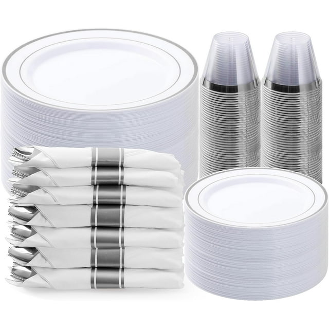 350PCS Silver Plastic Dinnerware Set, Disposable Party Plates for 50 ...