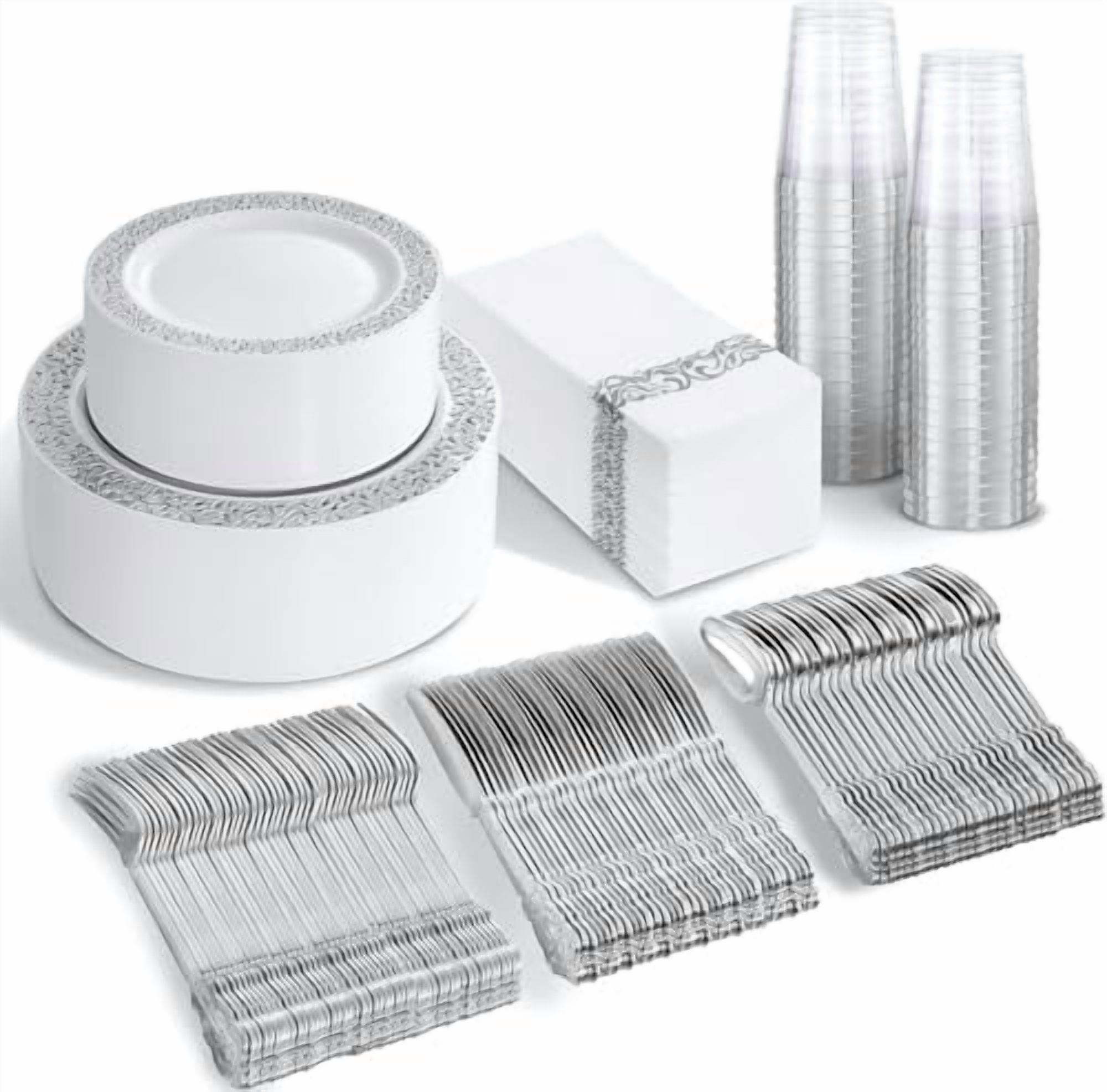 350PCS Silver Plastic Dinnerware Set - Silver Plates Disposable Lace ...
