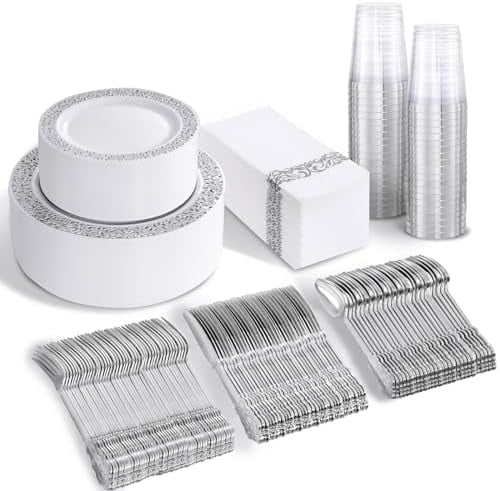 350PCS Silver Plastic Dinnerware Set - Silver Plates Disposable Lace ...