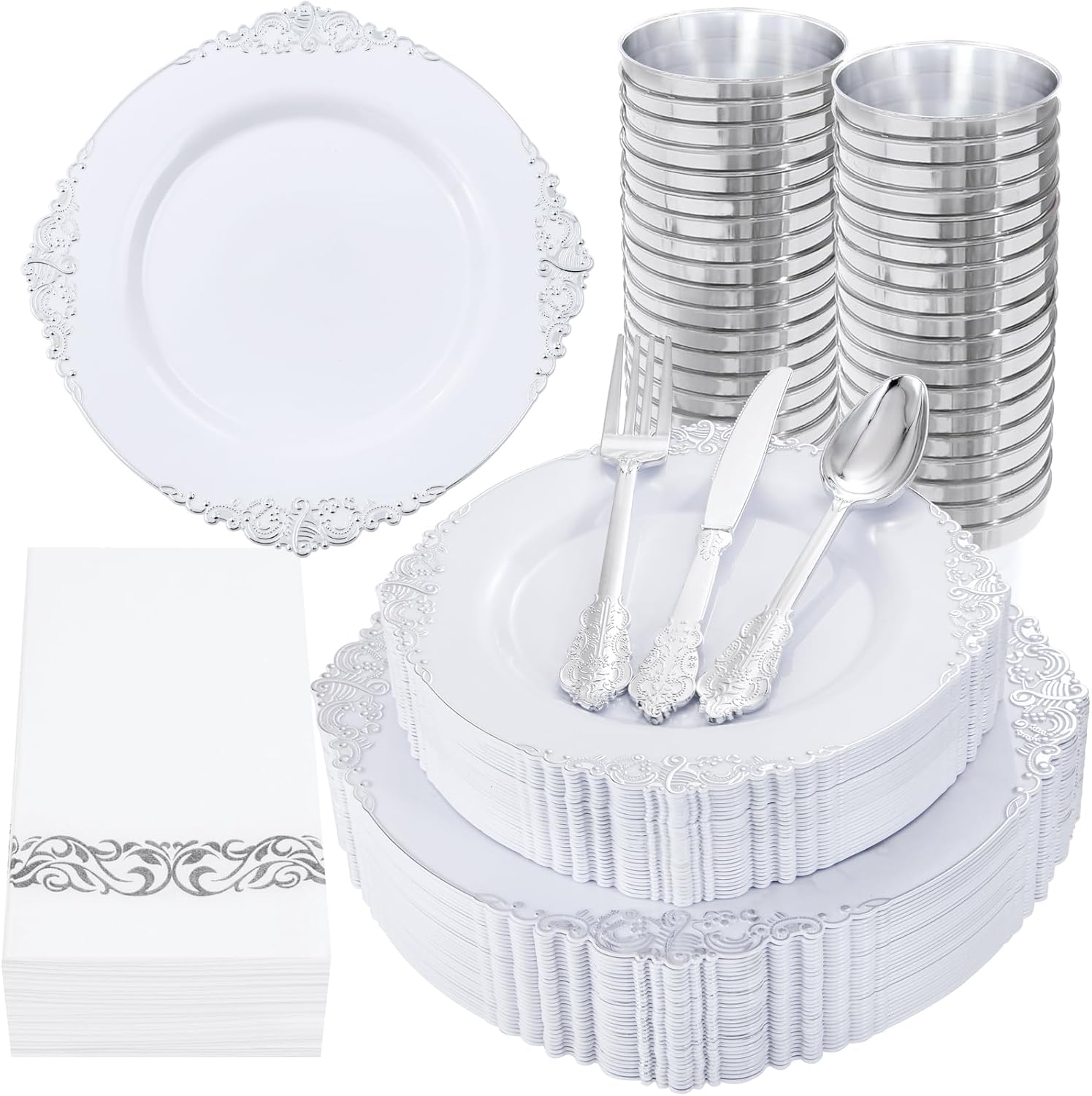 350PCS Silver Plastic Dinnerware - White and Silver Disposable Plates ...