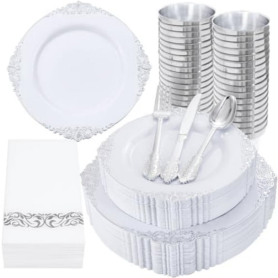 350PCS Silver Plastic Dinnerware - White and Silver Disposable Plates ...