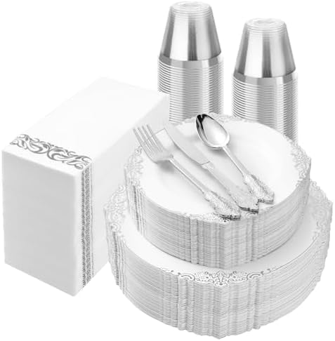350PCS Silver Plastic Plates for 50 Guests, Disposable Dinnerware Set ...