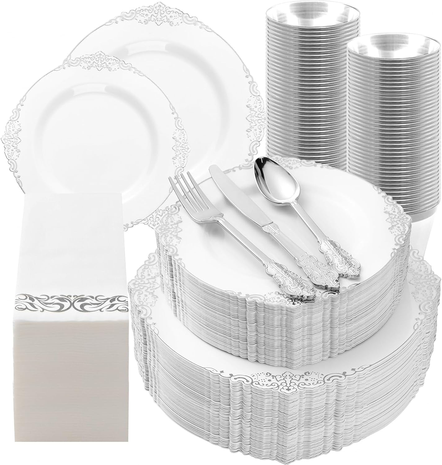 350PCS Silver Plastic Plates for 50 Guests, Disposable Dinnerware Set ...