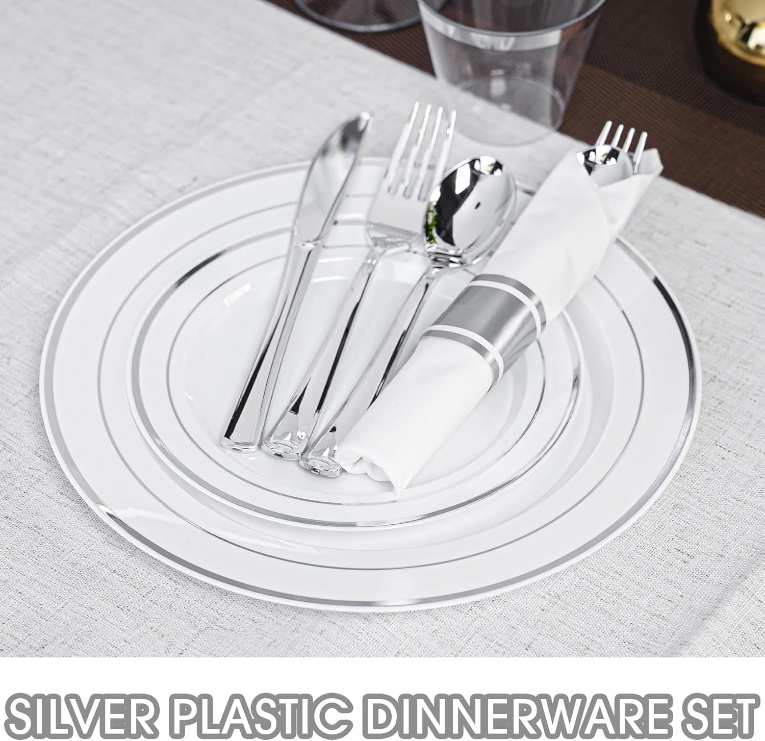 350PCS Silver Plastic Plates Dinnerware Set - 50 Dinner & Dessert ...