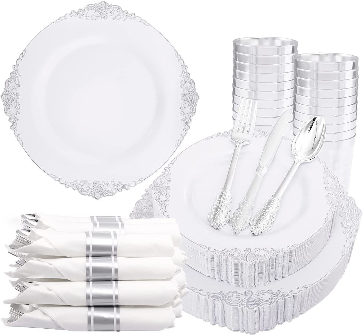 350PCS Silver Plastic Plates&Pre Rolled Napkins for 50 Guests - Plastic ...