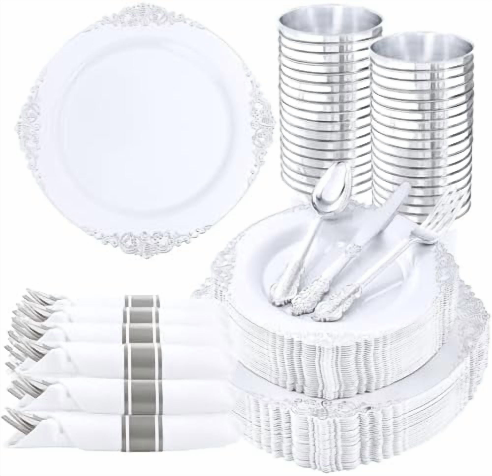350PCS Silver Plastic Plates - Silver Plastic Dinnerware Sets for 50 ...
