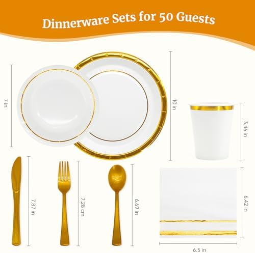 350PCS White Gold Paper Plates Party Supplies Dinnerware Sets for 50 ...