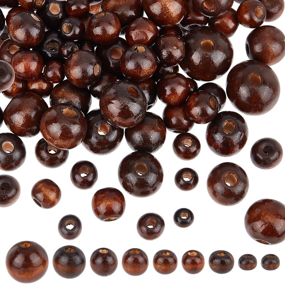 350Pcs 9 Sizes Dark Brown Wooden Beads 6-24mm Brown Round Wood Beads ...