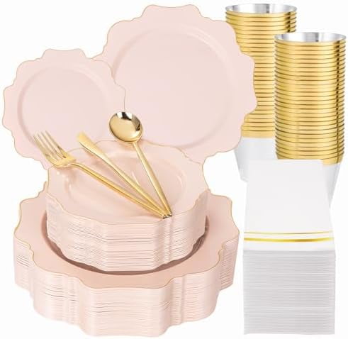350Pcs Pink Plastic Plates - Pink and Gold Disposable Plates 50Guest ...