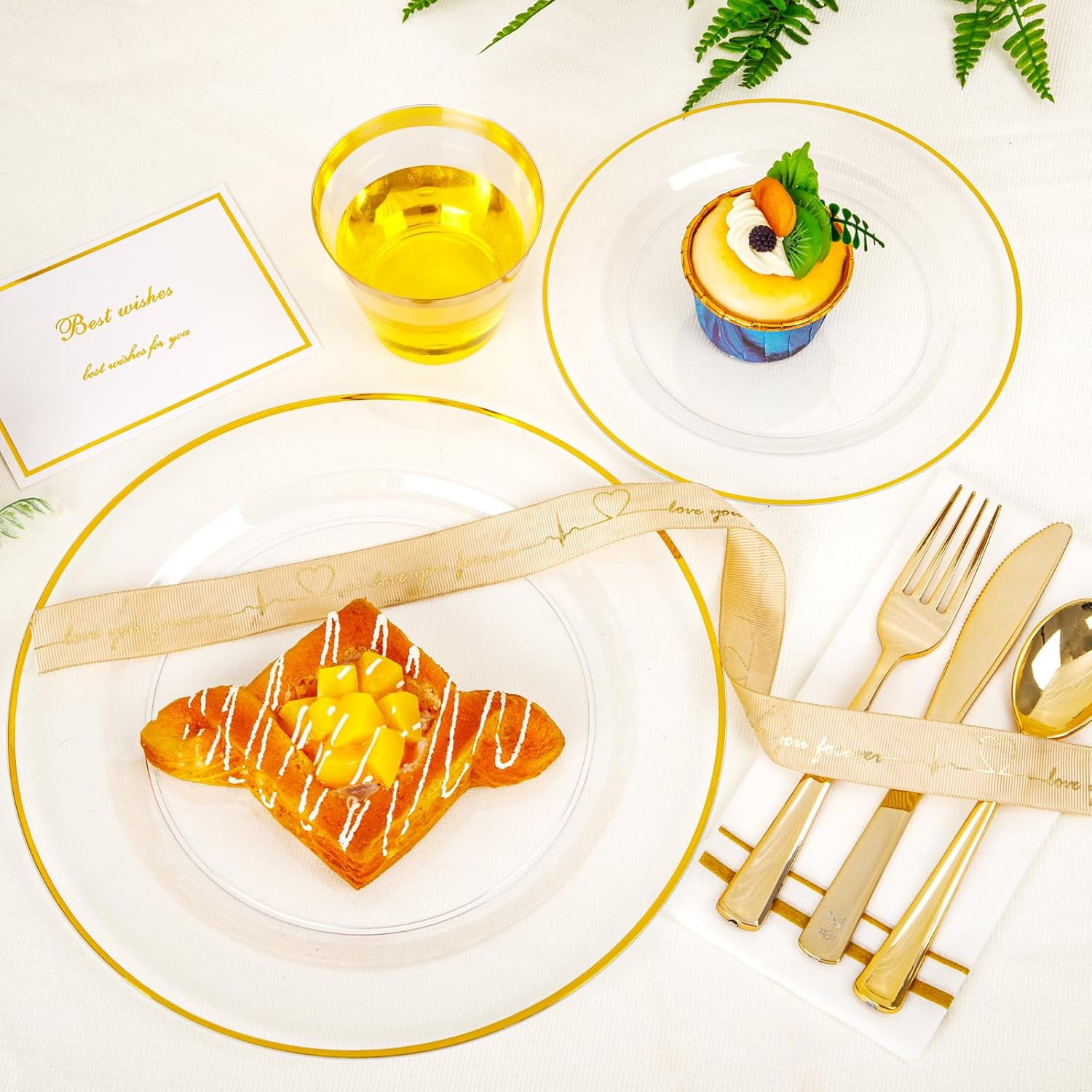 350Pcs Plastic Dinnerware Set for 50 Guests, Clear and Gold Plastic ...