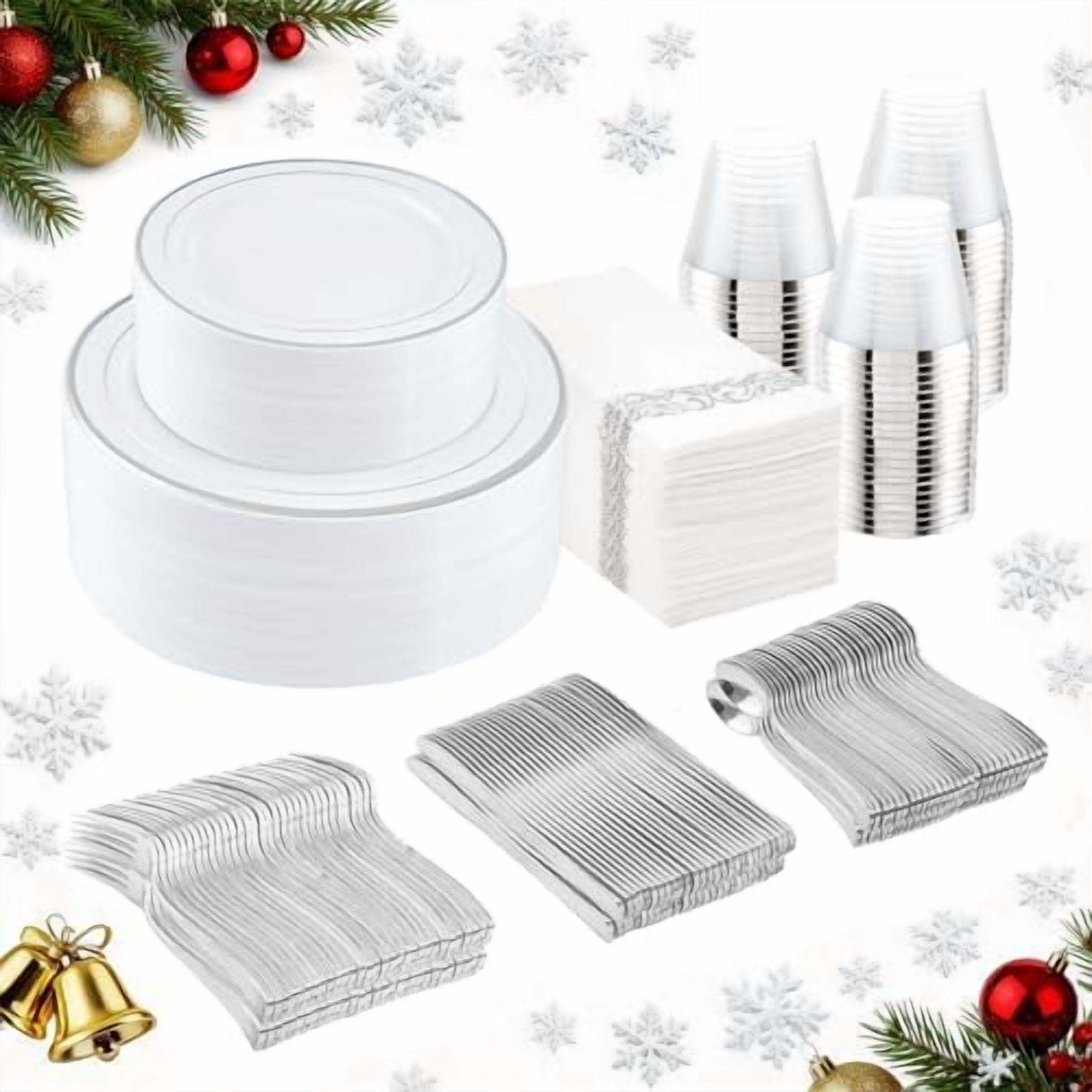 350Pcs Silver Plastic Dinnerware Set, Plastic Plates Disposable for 50 ...