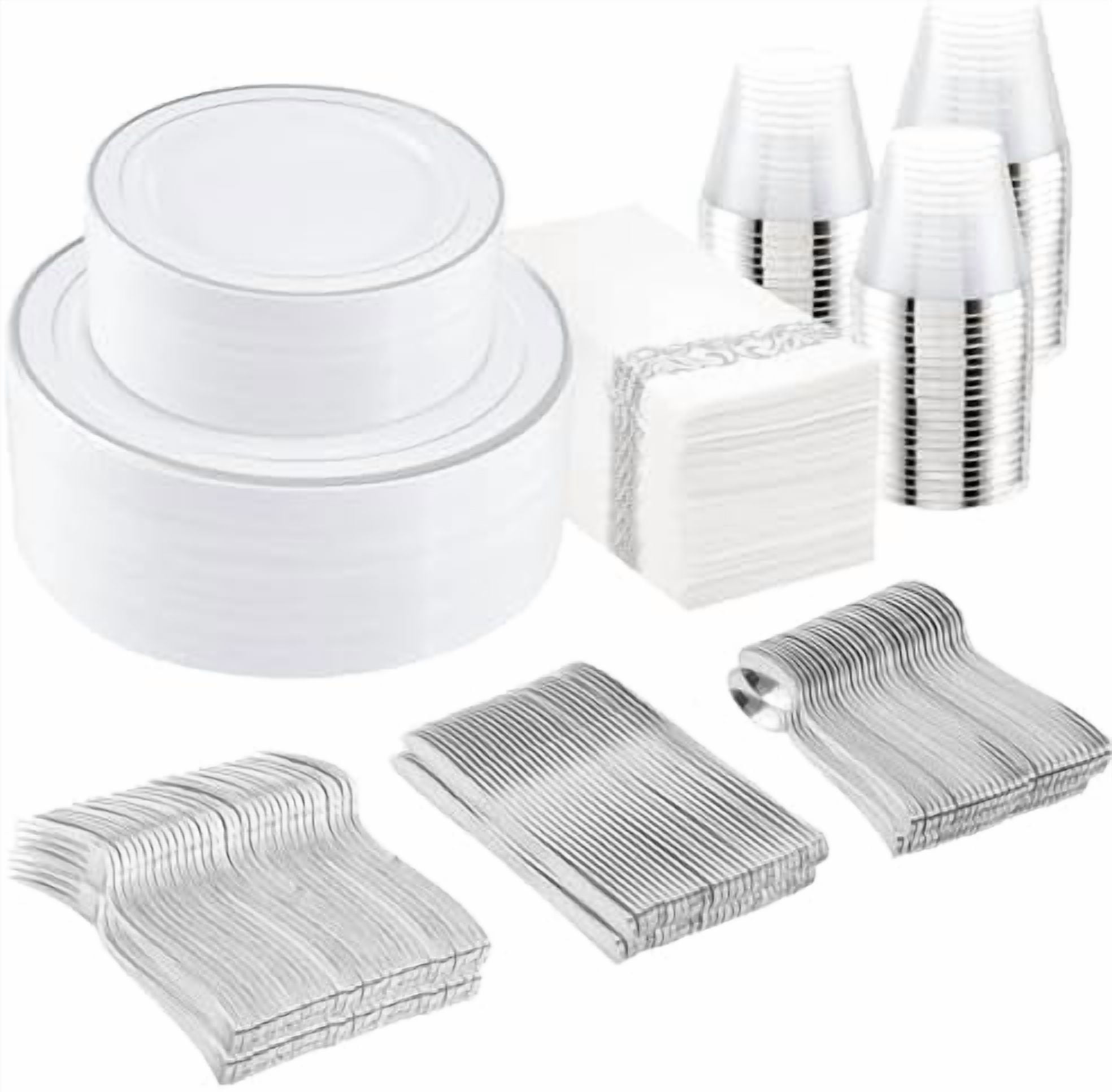 350Pcs Silver Plastic Dinnerware Set, Plastic Plates Disposable for 50 ...