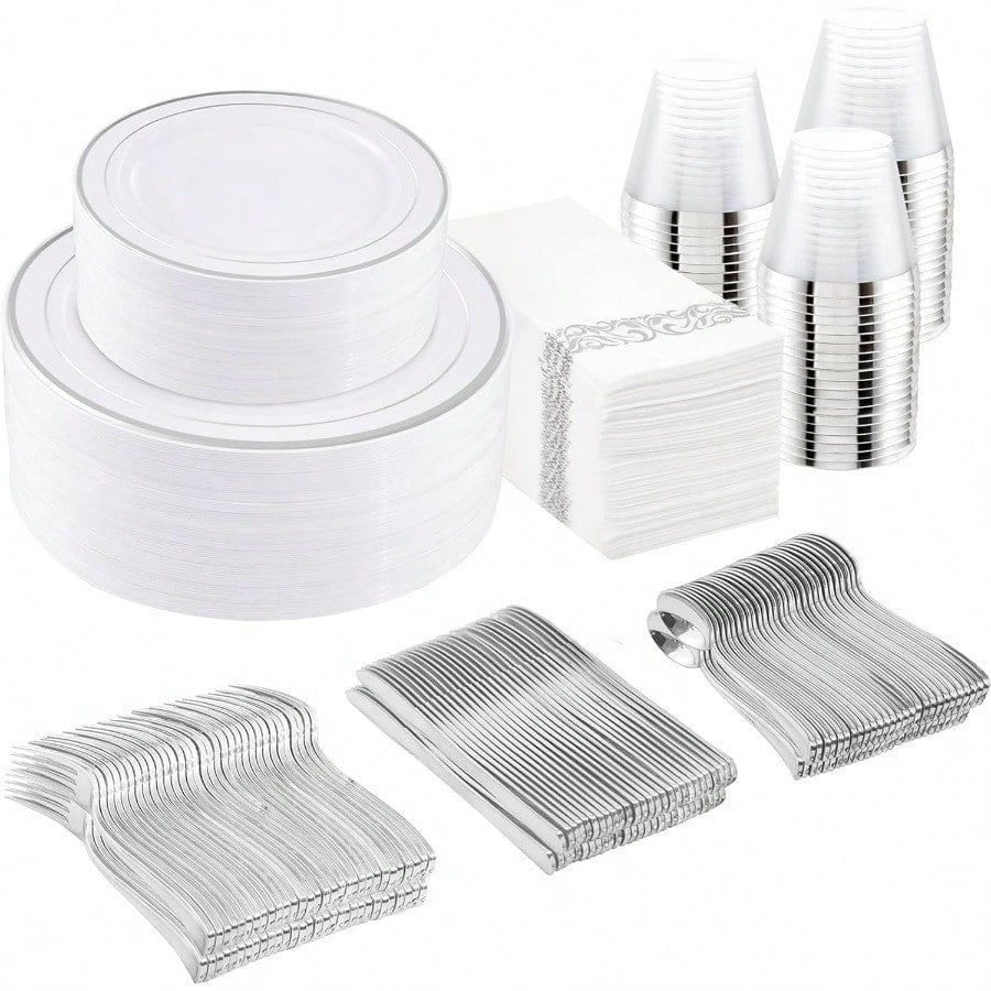350Pcs Silver Plastic Dinnerware Set Plastic Plates Disposable For 50 ...