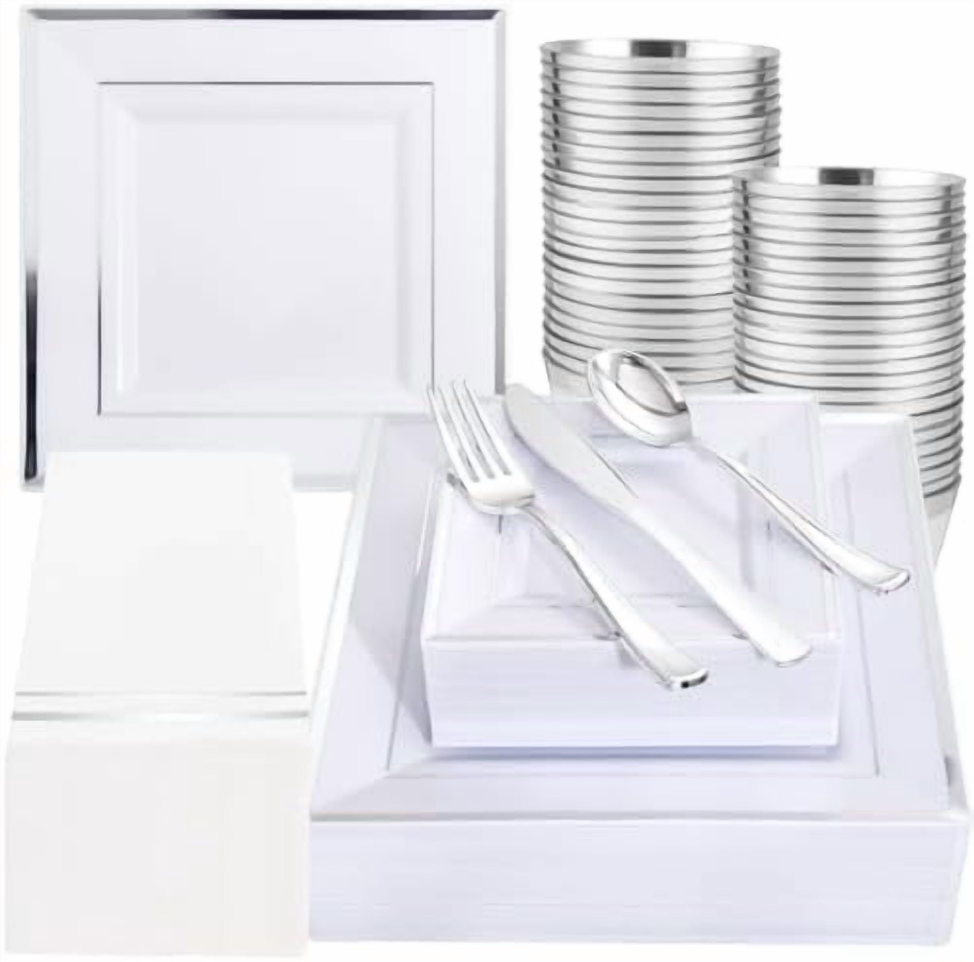 350Pcs Silver Plates - Silver Square Plastic Plates 9 .5" and 6 ...