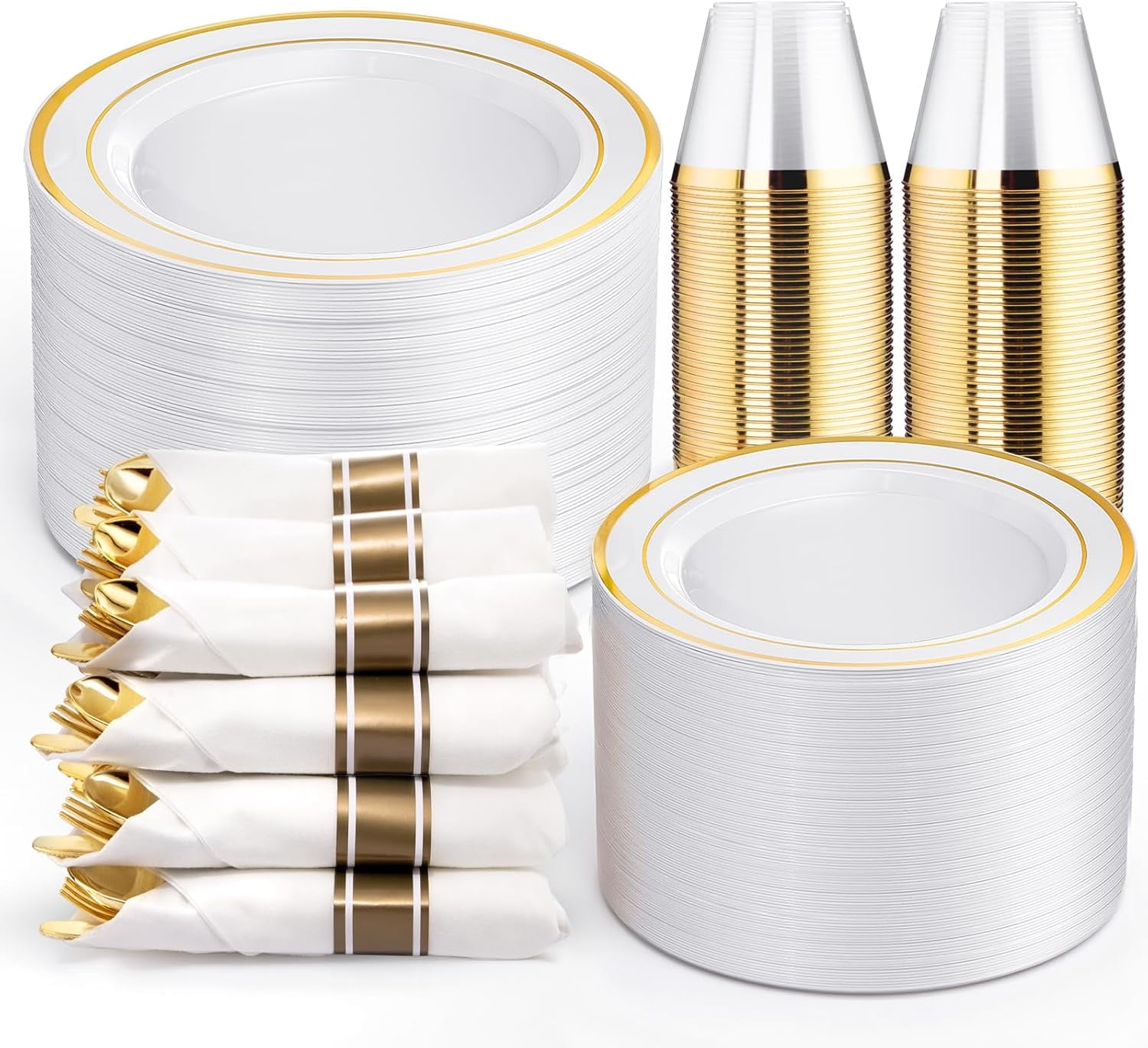 350Pcs White and Gold Plastic Plates for 50 Guests - Plastic Dinnerware ...