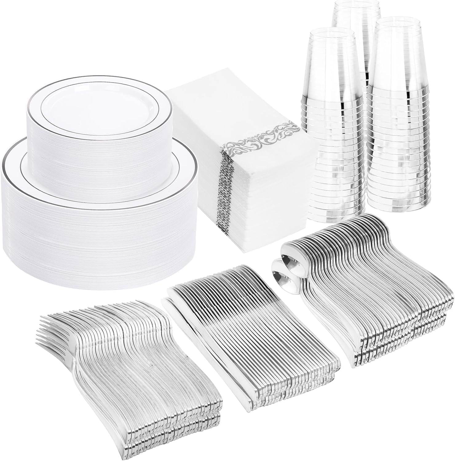 350Piece Silver Plastic Dinnerware Set for 50 Guests - Silver Plastic ...