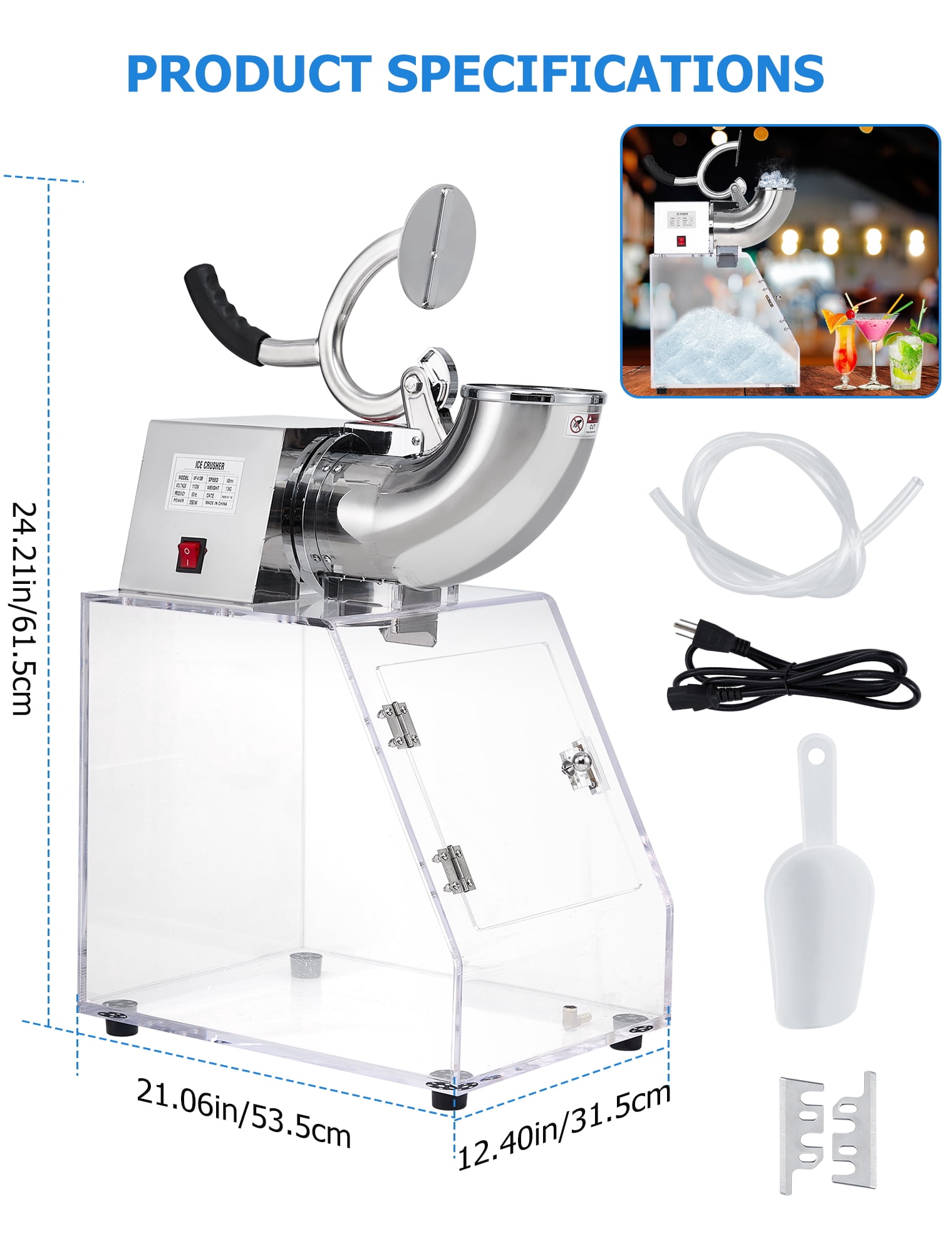 350W Commercial Ice Crusher with Stainless Steel Dual Blades,440LBS/H ...