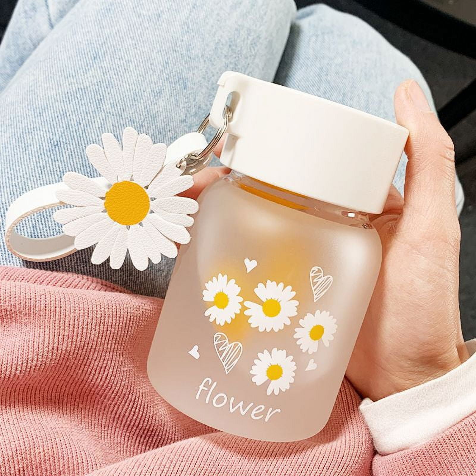350ml Cute Daisy Flower Glass Water Bottle Portable Girl Frosted Mini ...