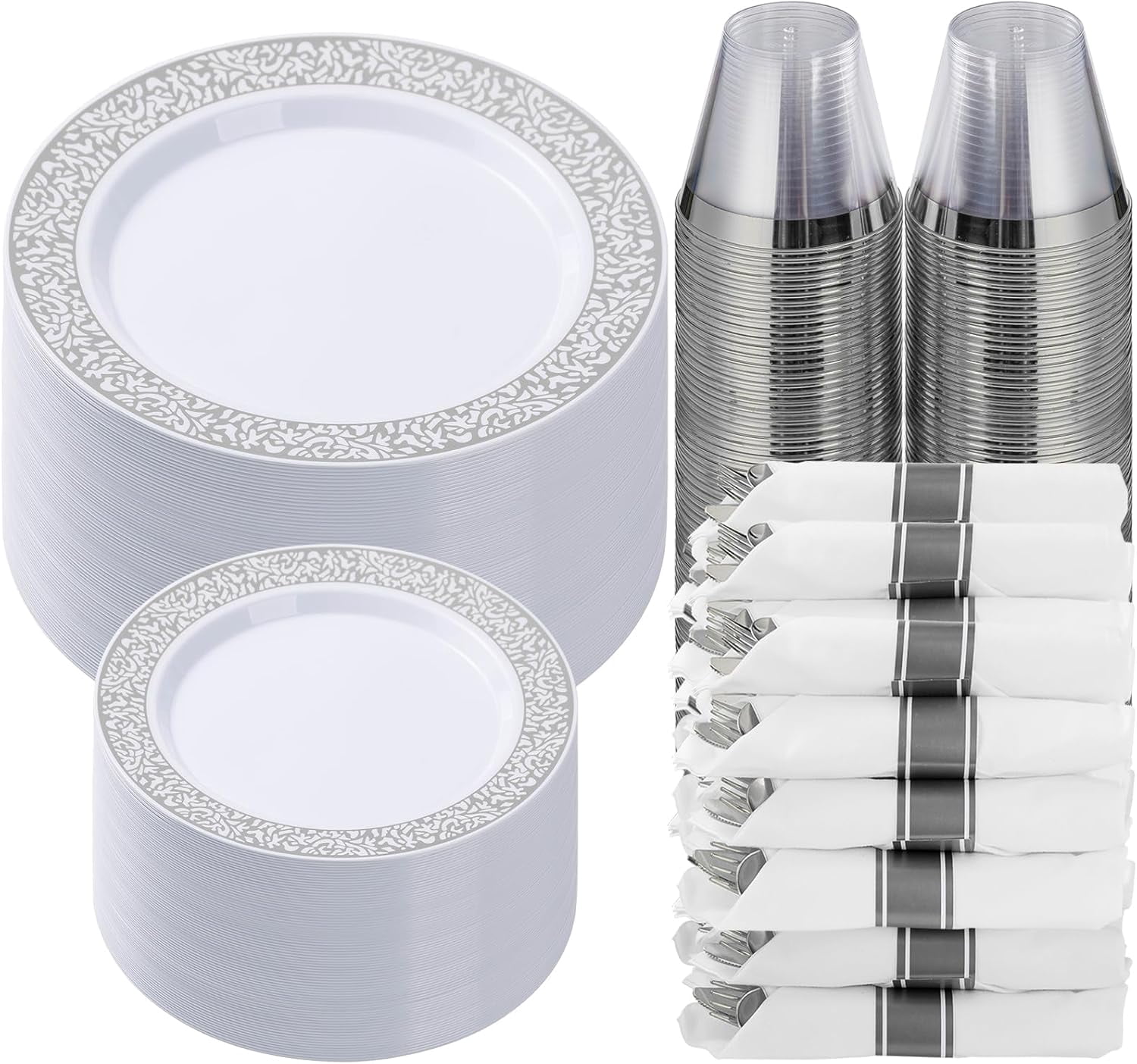 350pc Silver Plastic Dinnerware Set for 50 Guests - Disposable Lace ...
