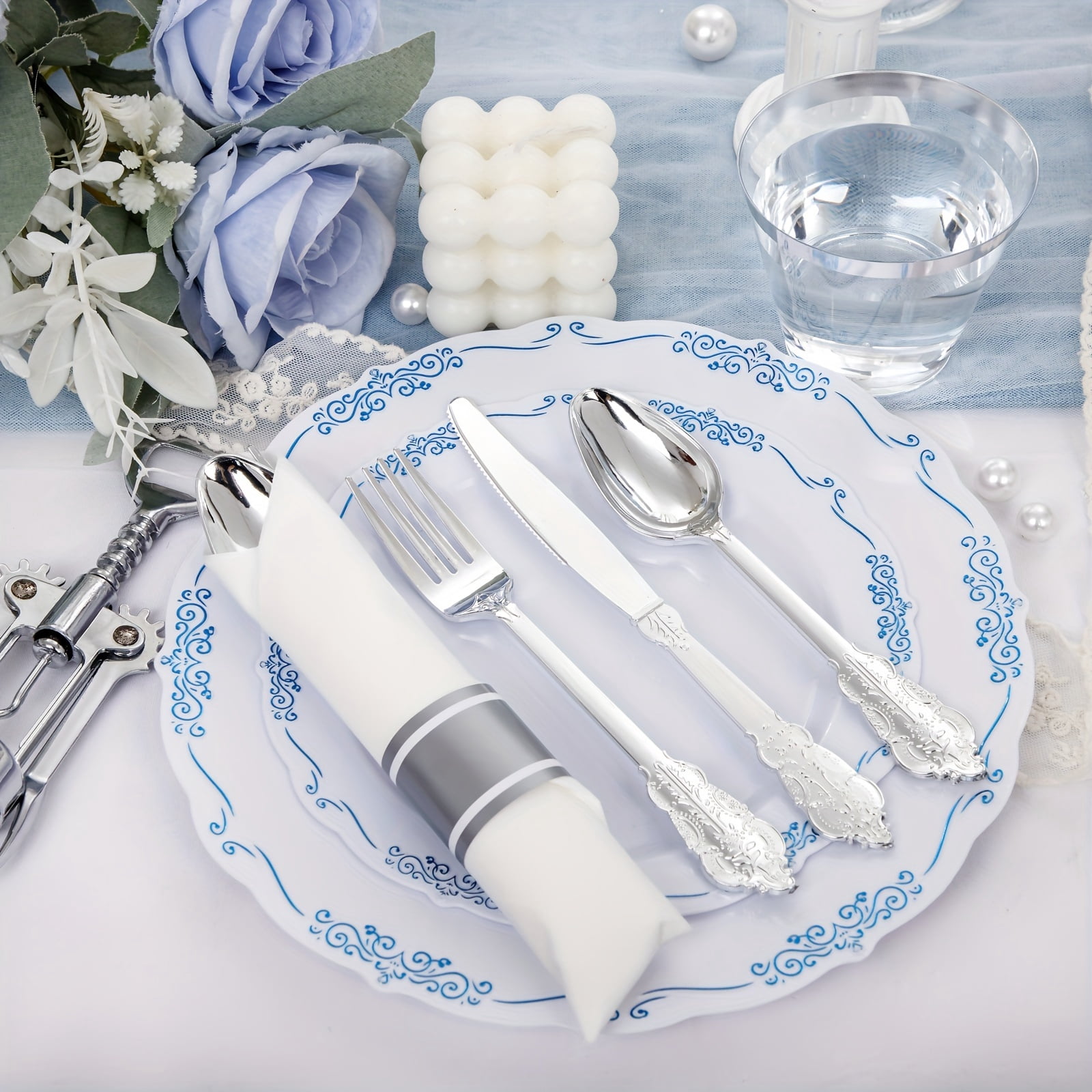 350pcs Blue and White Plastic Plates Disposable Blue Plates for Party ...