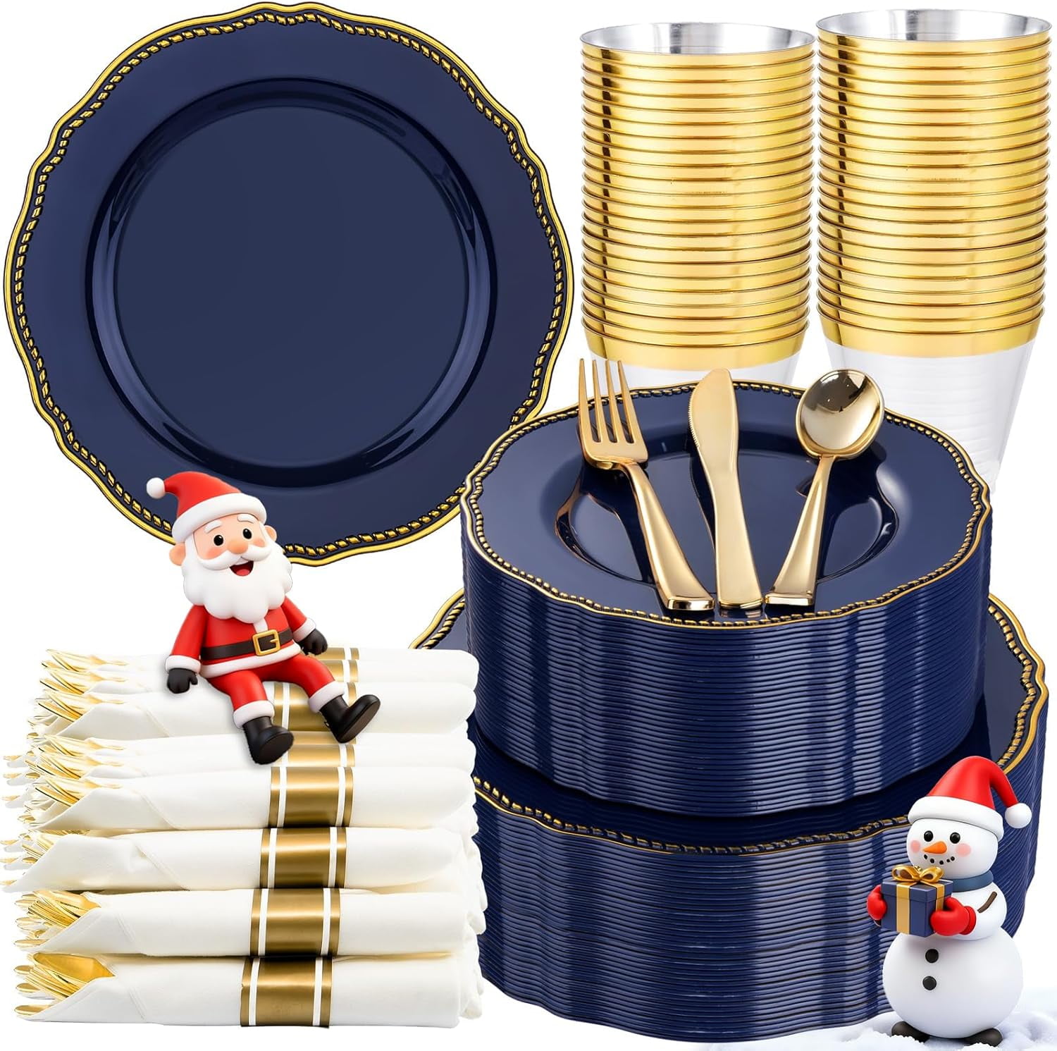 350pcs Blue and gold Plastic Plates - Blue Plastic Dinnerware Set ...