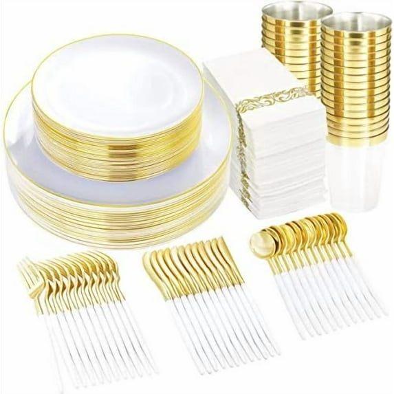 350pcs Gold Plastic Dinnerware Set for 50 Guests,Fancy Disposable ...