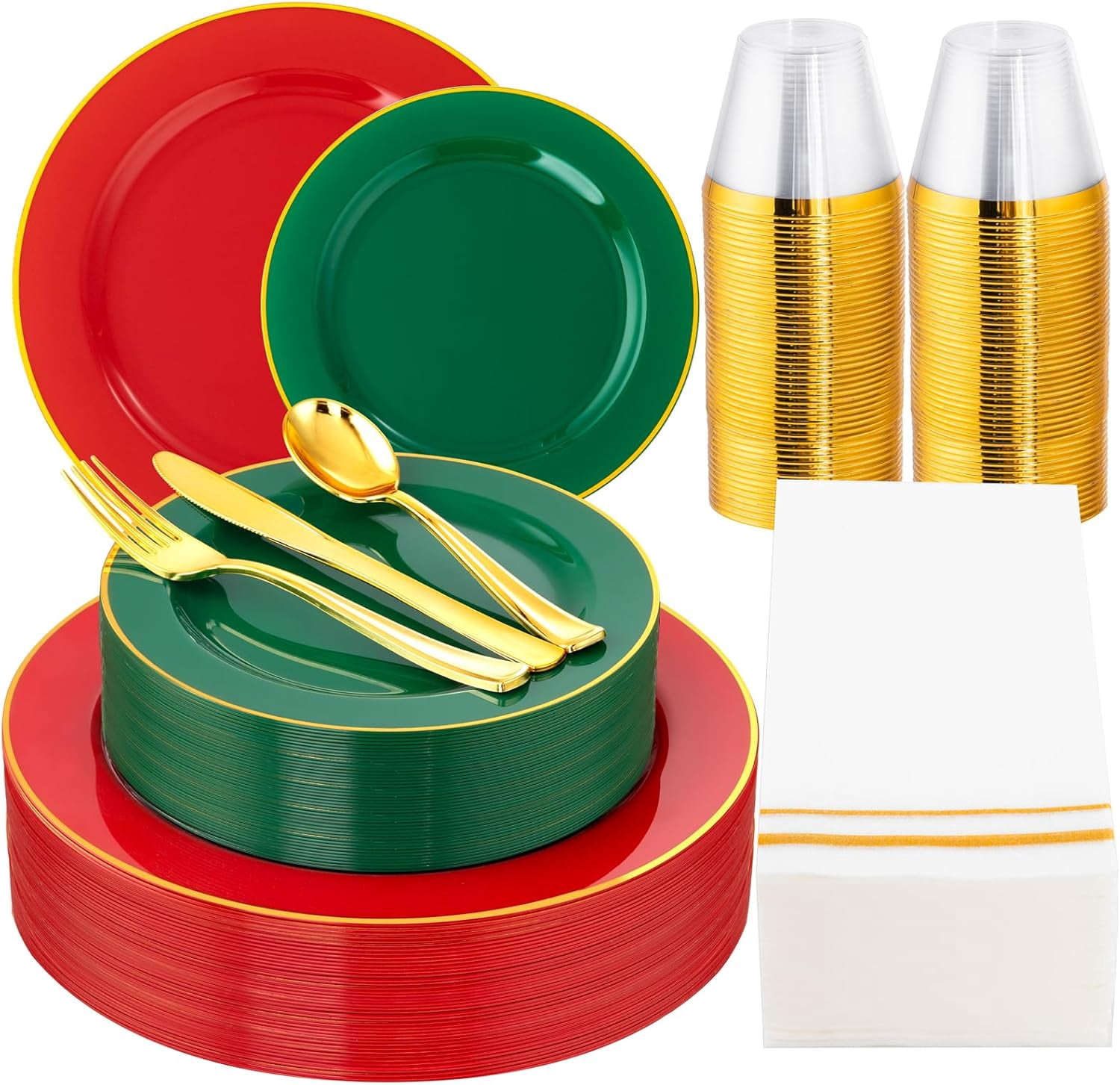 350pcs Green and Red Plastic Plates For 50 Guests, Plates Disposable ...