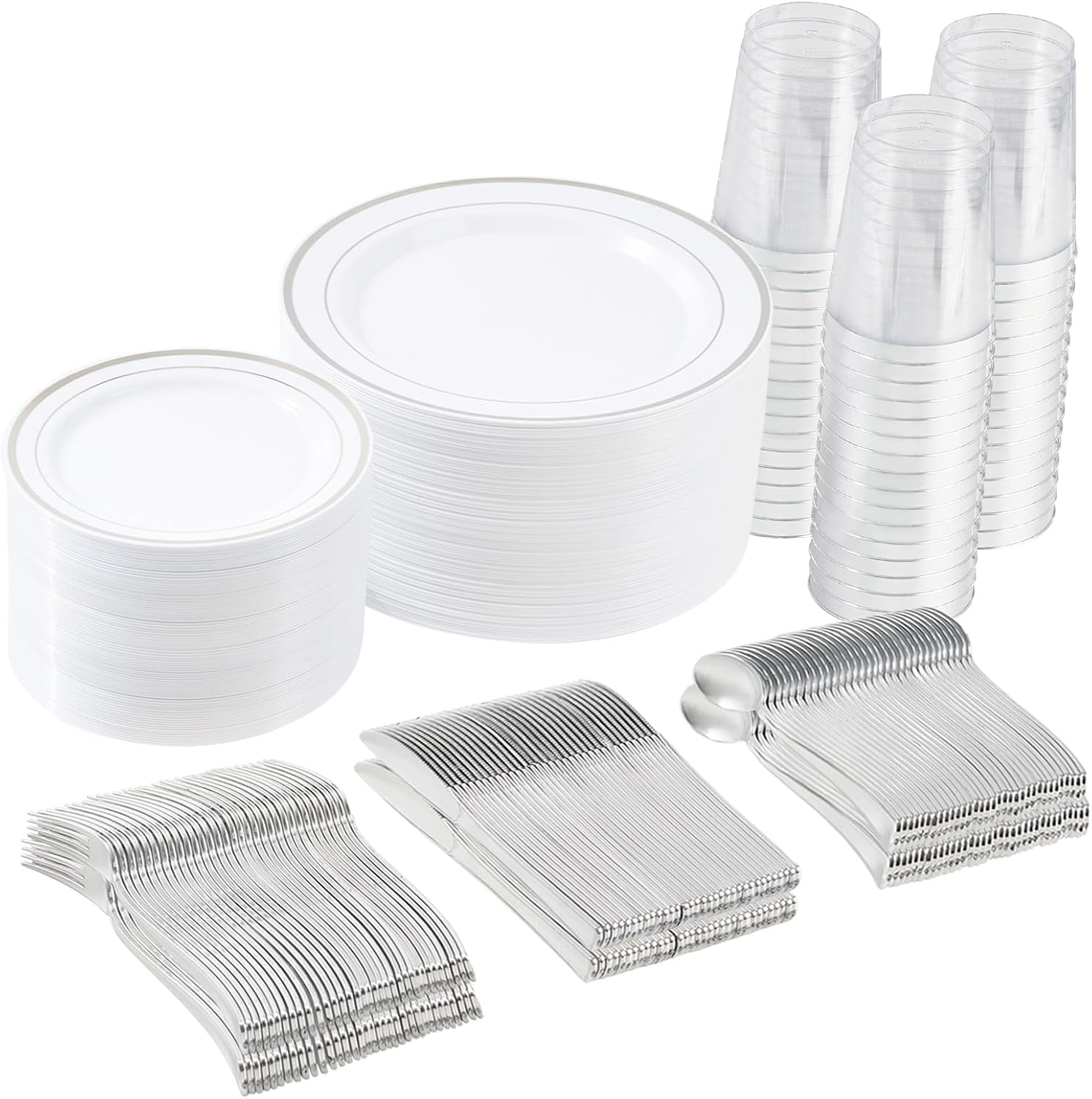 350pcs Silver Disposable Plates, Party Plastic Plate Sets, Includes 50 ...