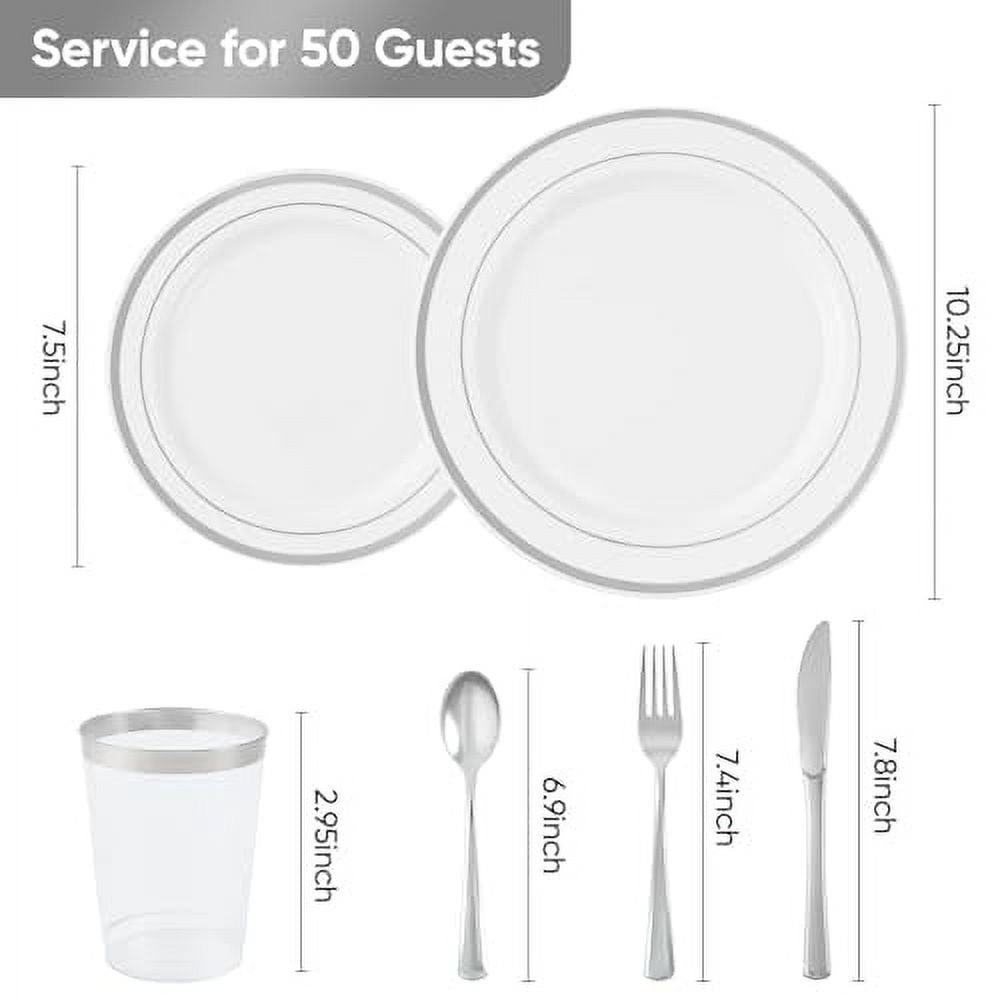 350pcs Silver Disposable Plates, Party Plastic Plate Sets, Includes 50 ...