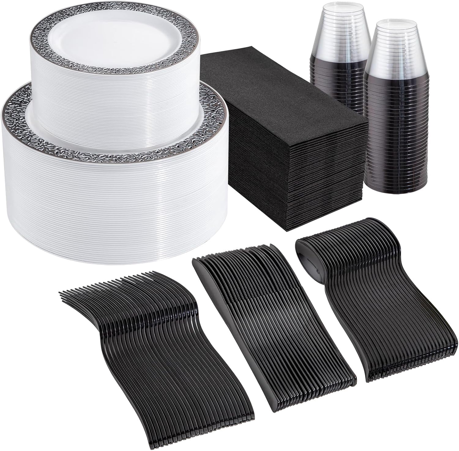 350pcs Silver Party Dinnerware Set for 50 Guests, Silver Wedding Plates ...