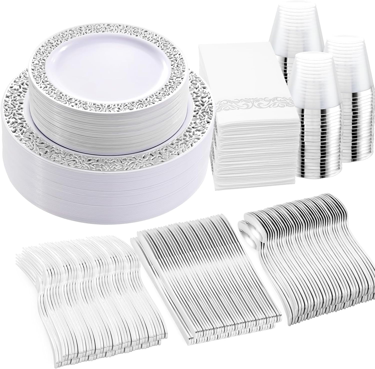350pcs Silver Party Dinnerware Set for 50 Guests, WeddingDisposable ...