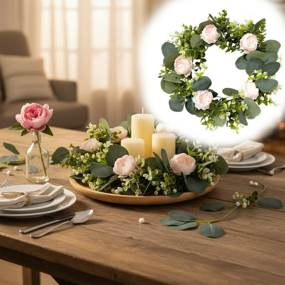 35Cm Artificial Rose Wreath, Handmade with Green Leaves, for Entryway ...