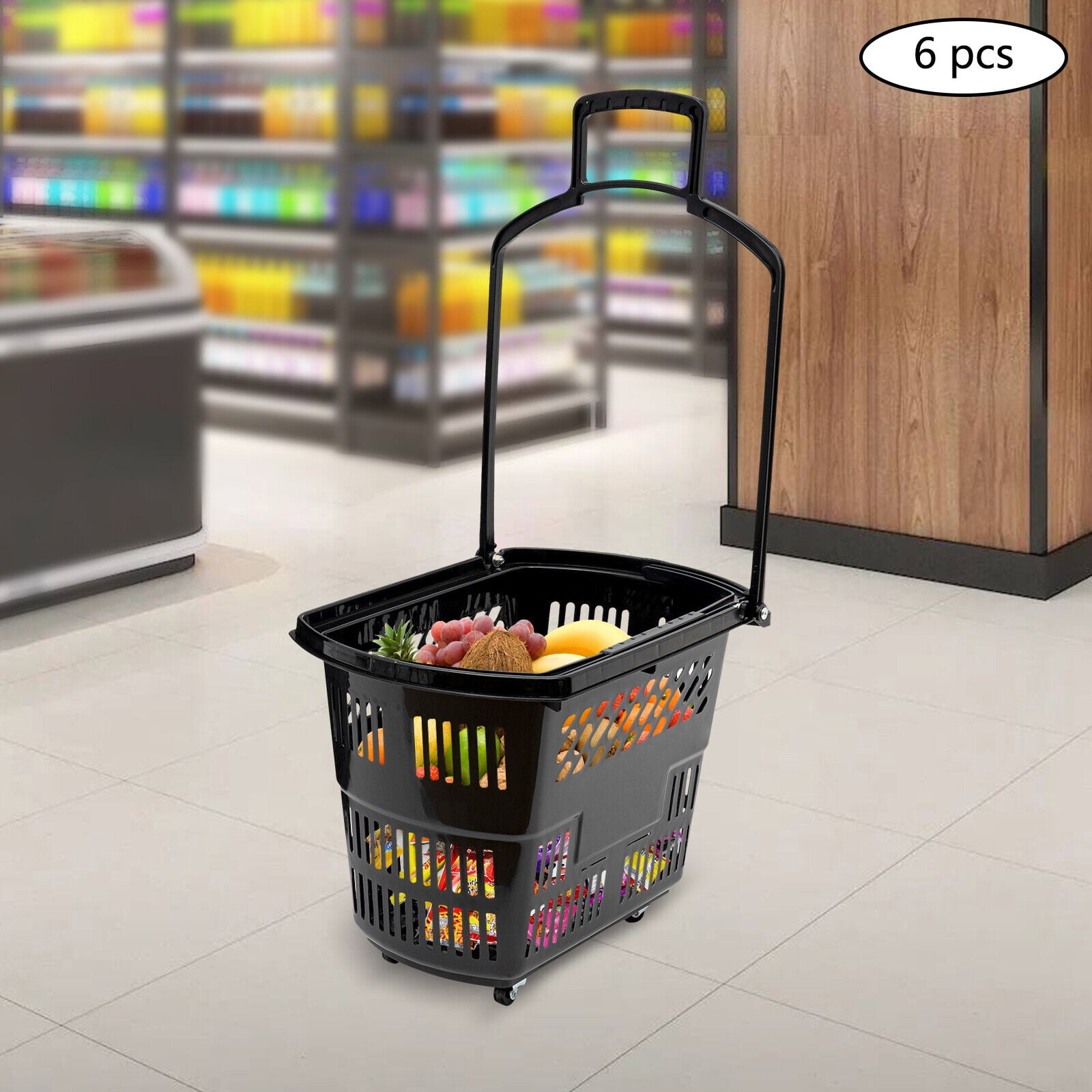 35L 6PCS Shopping Carts with Wheels and Handle, Black Shopping Basket ...
