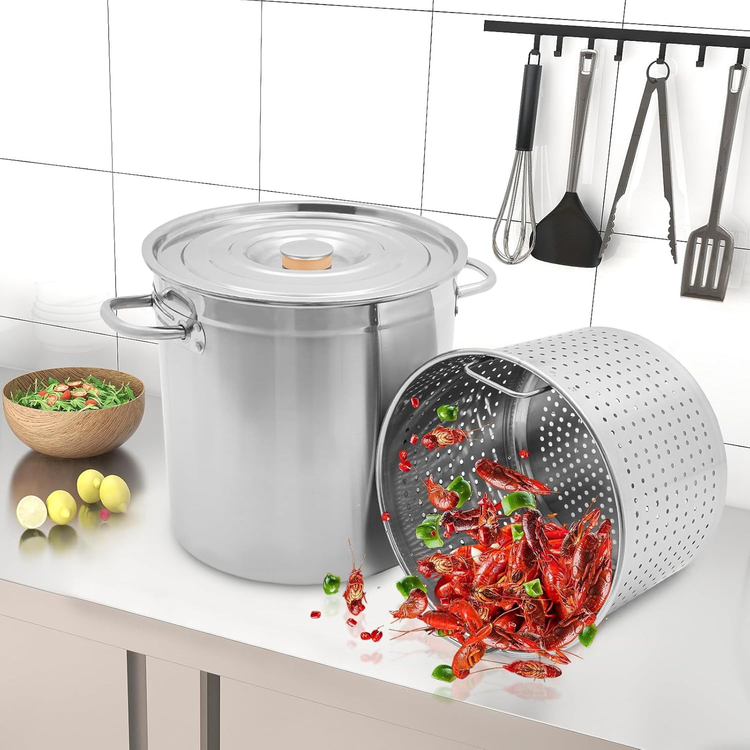 35L Stock Pot with Draining Bucket,Commercial Seafood Boil Pot with Lid ...