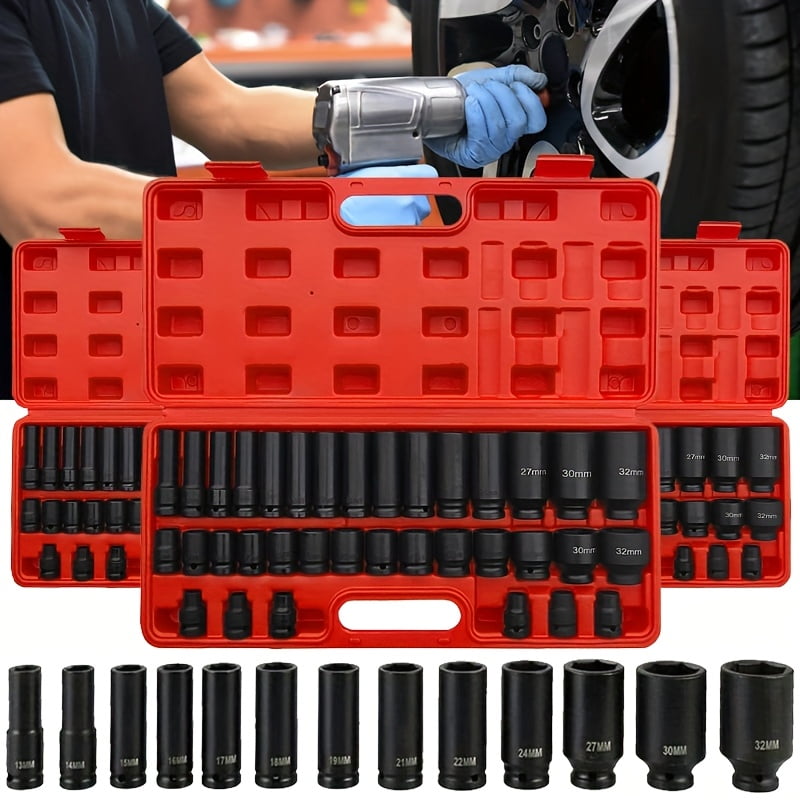35PCS 1/2" Impact Socket Set - Professional Pneumatic Car Repair Kit with Long/Short Sockets ...