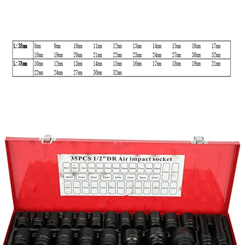35PCS 1/2 Inch Drive Deep Impact Socket Set 6 Point Sockets Garage Workshop Tools Truck Repair ...
