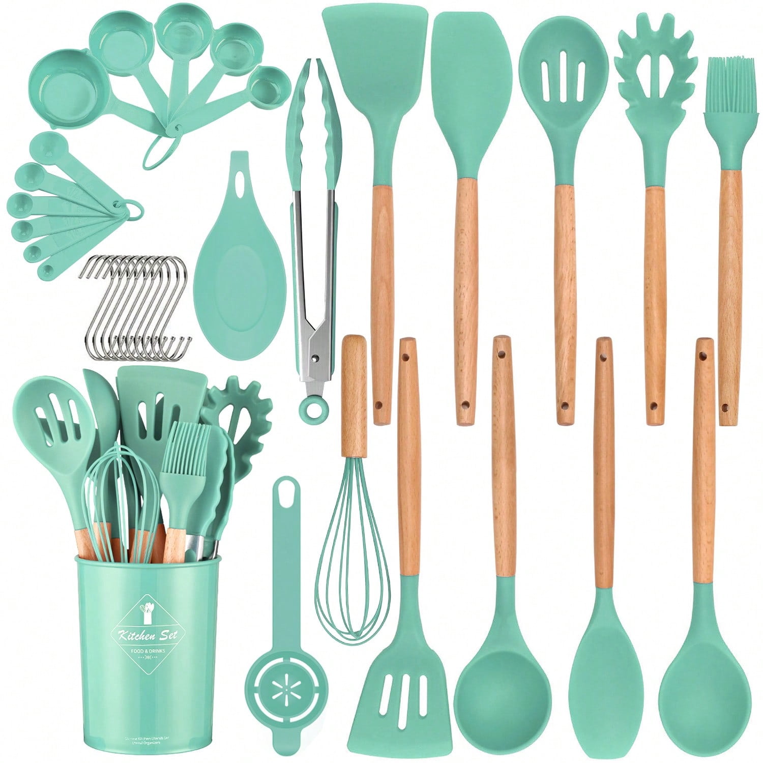 35PCS Kitchen Silicone Utensils Set With Heat Resist Wooden Handle 7 ...