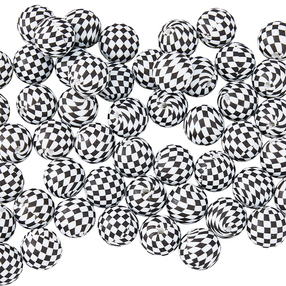 35Pcs Silicone Printed Checkerboard Print Beads 15mm Round Black White ...