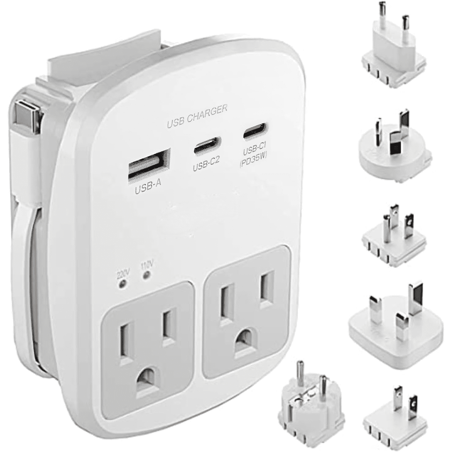 35W Universal Travel Adapter Kit – 2 USA sockets, USB-A, USBC, 1x PD ...