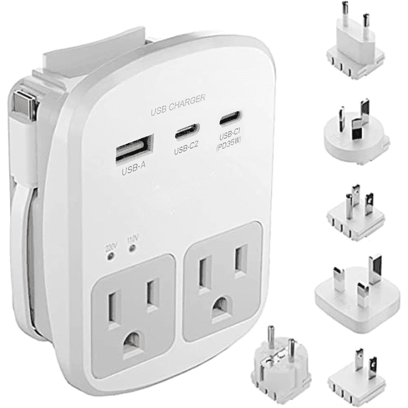 35W Universal Travel Adapter Kit – 2 USA sockets, USB-A, USBC, 1x PD ...