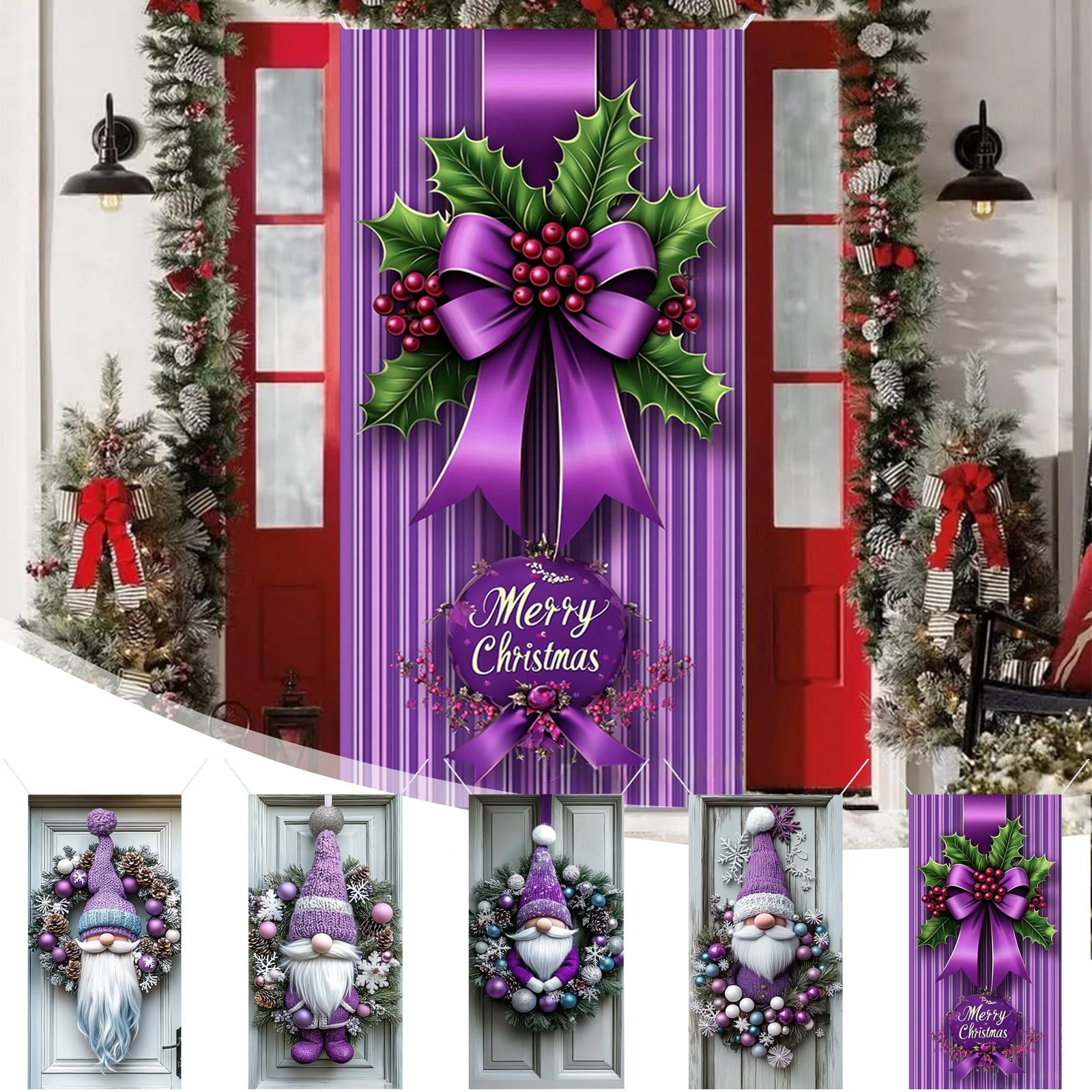 35X71In Christmas Door Cover - Dwarf/Santa Claus/Christmas Tree/Garland ...