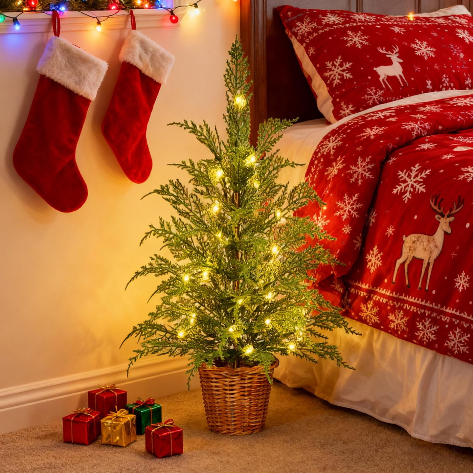 35in Pre-Lit Green Artificial Christmas Tree, 90cm Flame-Retardant Tree ...