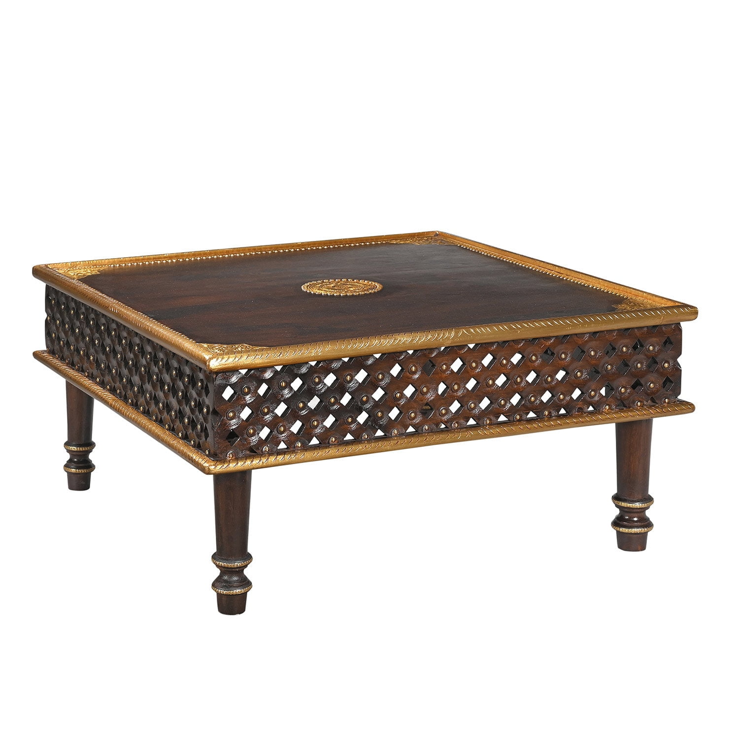 35in.x 35in. Lattice Carved Solid Wood Sqaure Coffee Table With Brass ...