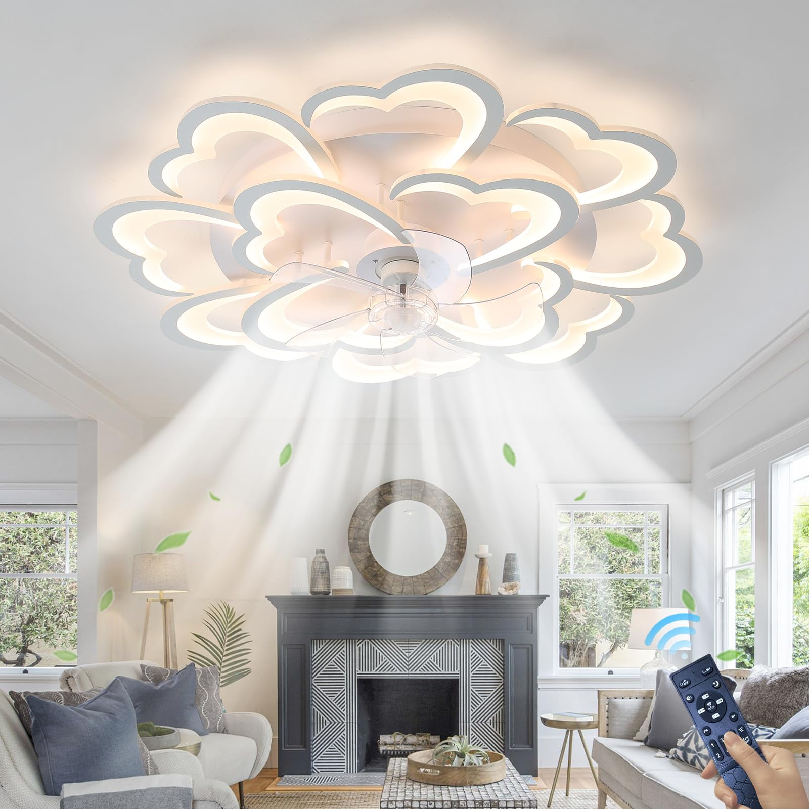 35inch Flower Design Ceiling Fan with Light and Remote, Modern Low ...
