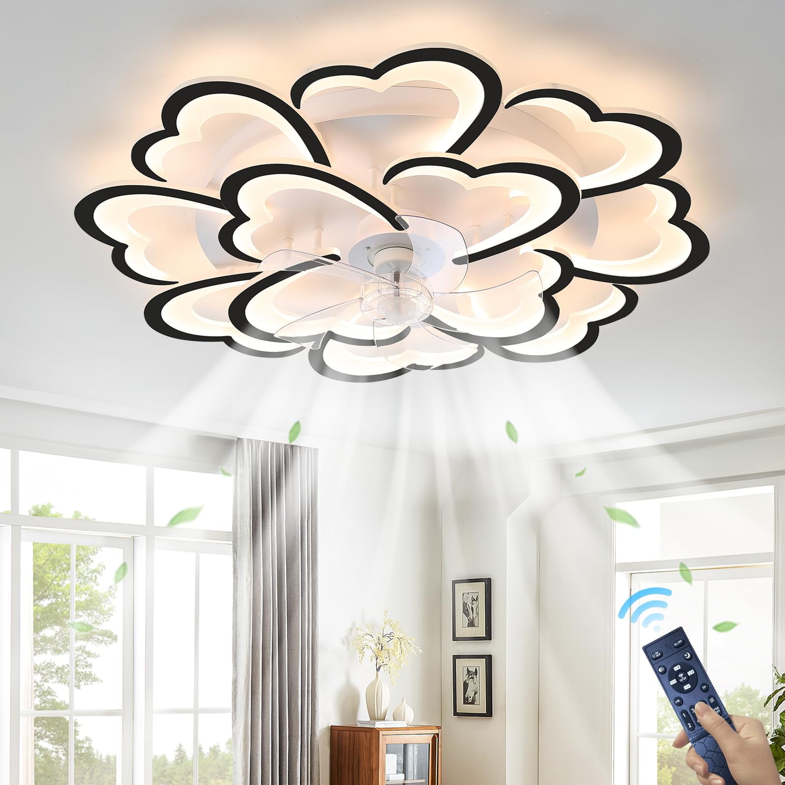 35inch Flower Design Ceiling Fan with Light and Remote, Modern Low ...