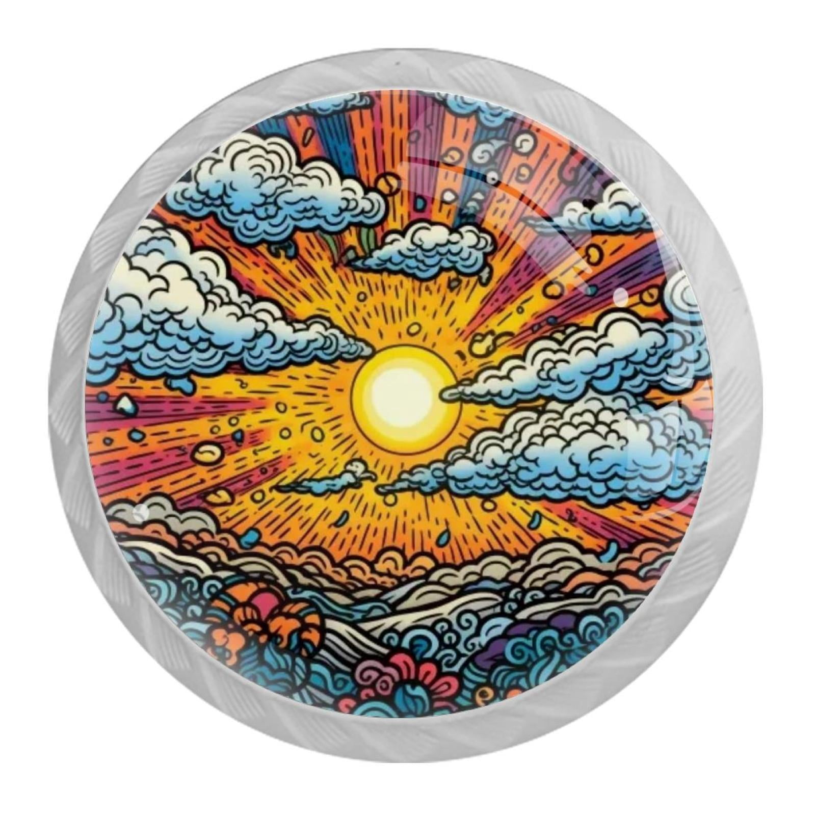 35mm Cabinet Knobs Pulls Flower Field Sunset Doodle Pattern Glass ABS ...