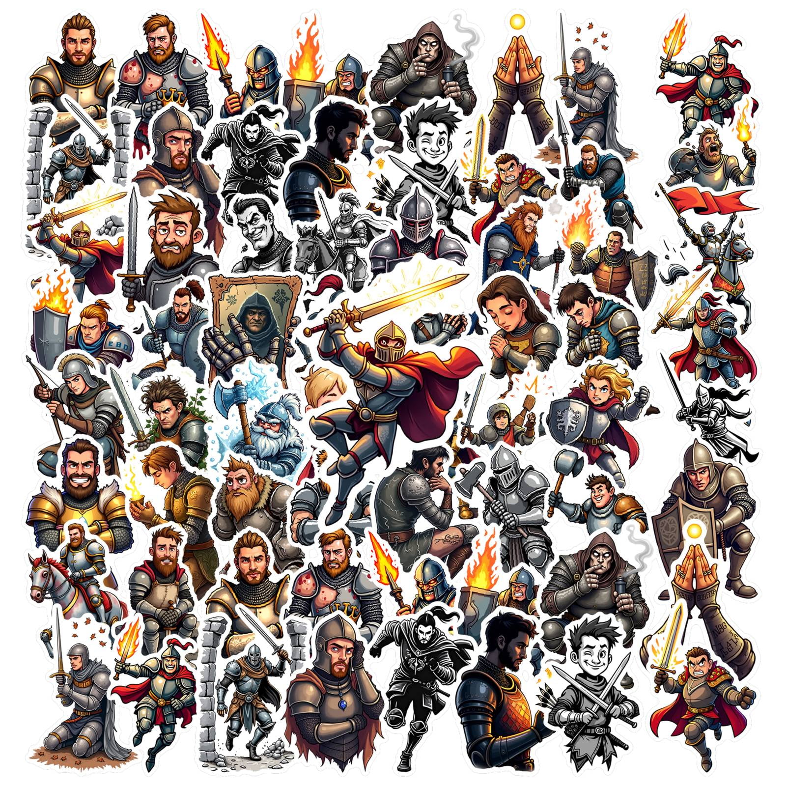 35pcs-50pcs Cartoon Knight Stickers Medieval Decals Adventure Warriors ...
