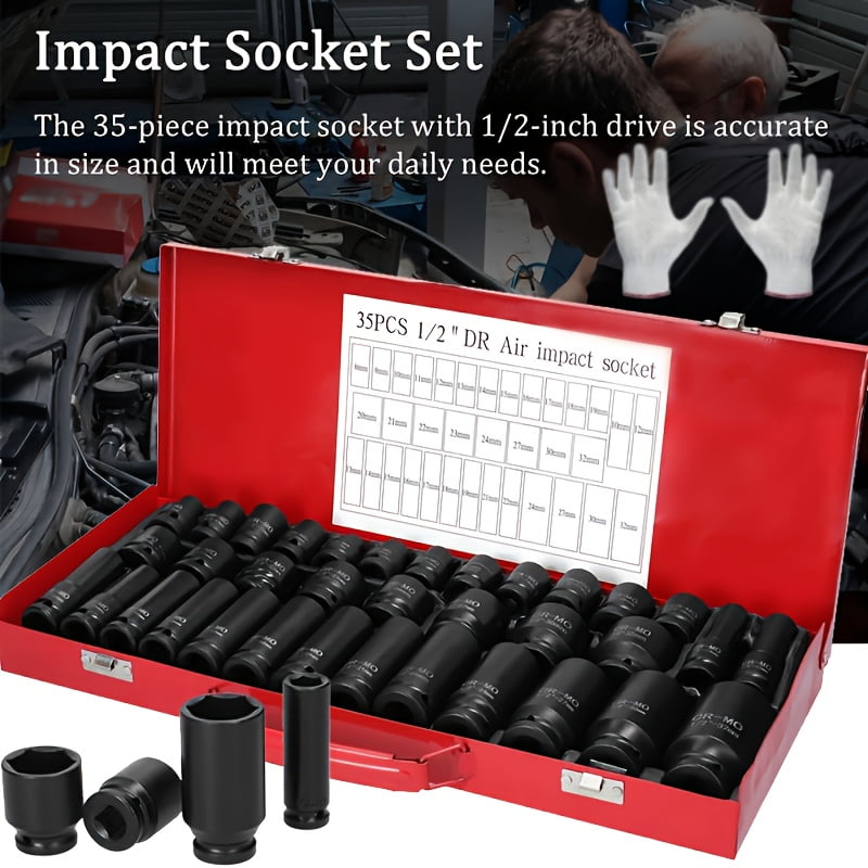 35pcs Professional 1/2In Pneumatic Socket Set - Complete Auto Repair ...