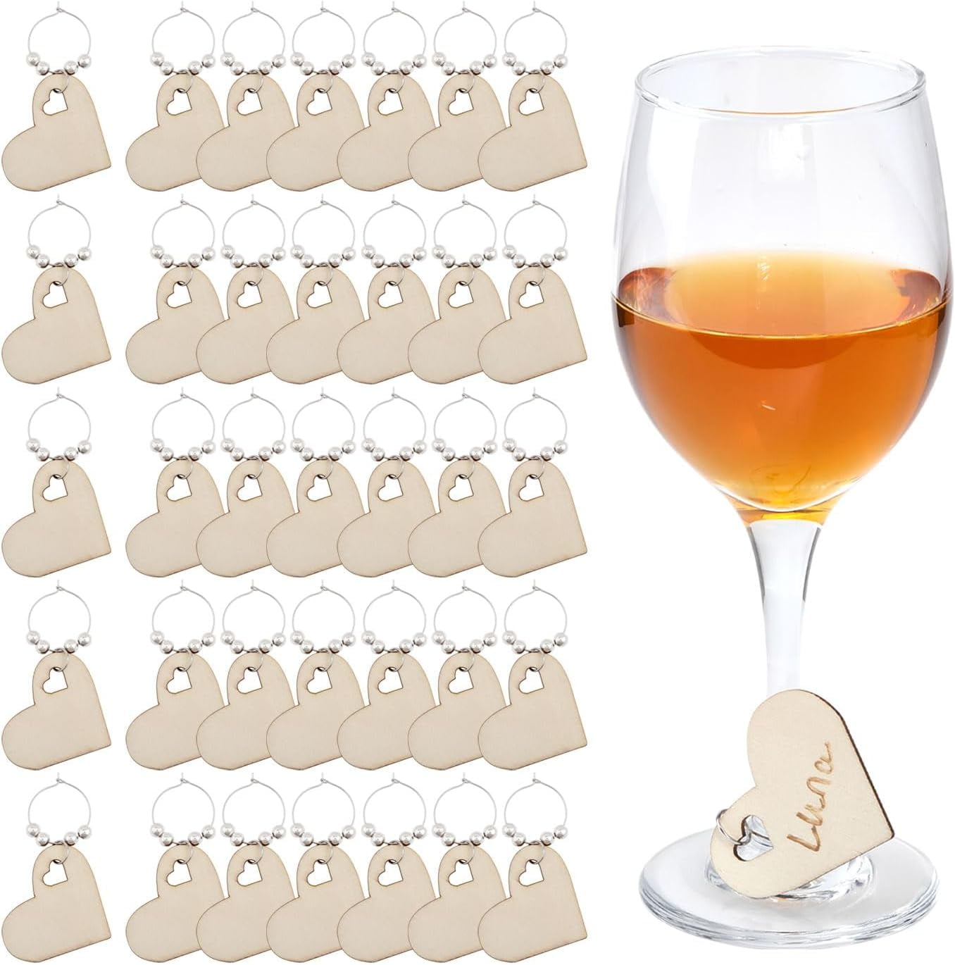 35pcs Wood Wine Glass Charms Heart Shaped Drink Marker Tags Wine Charms ...